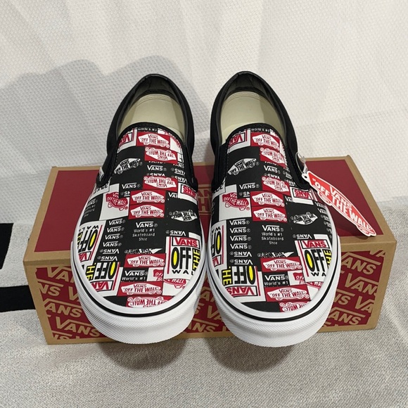 Vans | Shoes | Vans Classic Slip On Label Mix Black Red Stickers | Poshmark